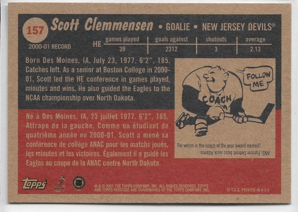 2001-02 Topps Heritage Scott Clemmensen RC Card #157 SP Rookie New ...