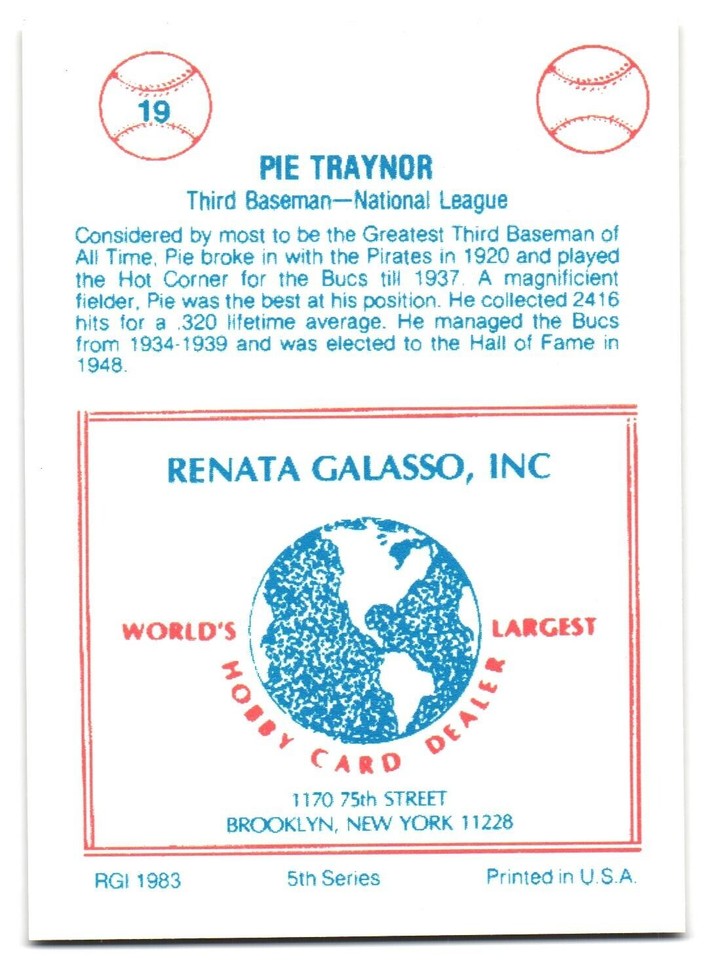 Pie Traynor 1983 Renee Galasso, Inc. MLB Card #10 | eBay