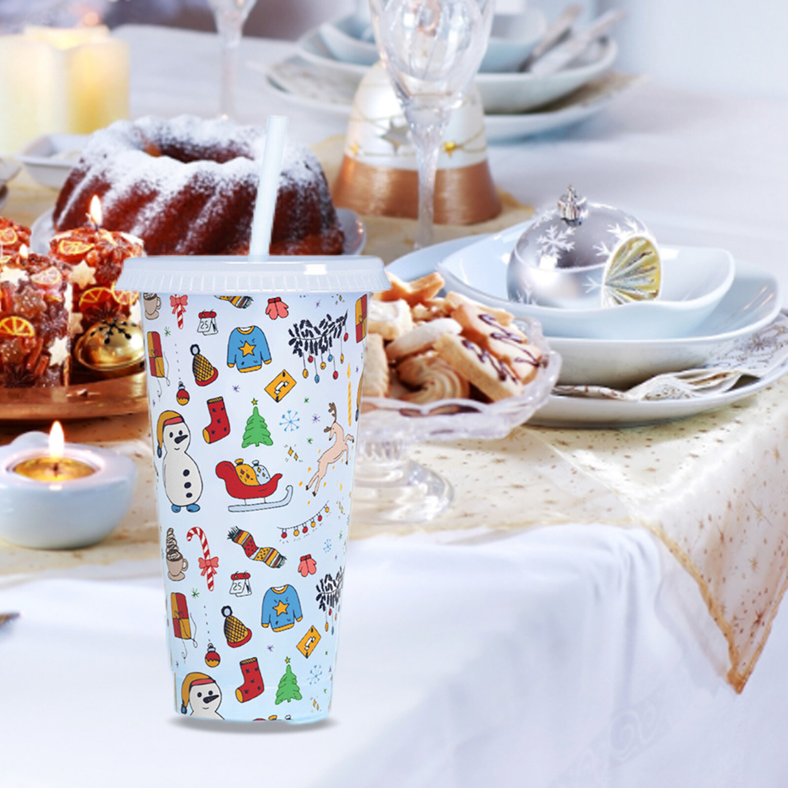 Luminous Straw Cups Christmas Color Changing Cup with Lid Gift (White ...