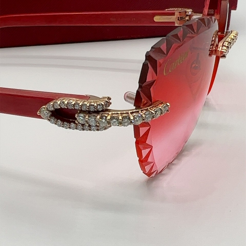 Cartier Glasses CT00520 Iced Out Diamonds Red Wood -Red Gradient ...