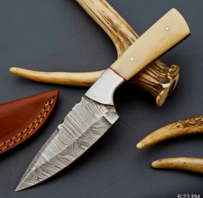 Lot Of 5 Fixed Blade Camel Bone Handmade Damascus Steel Hunting Knife w ...