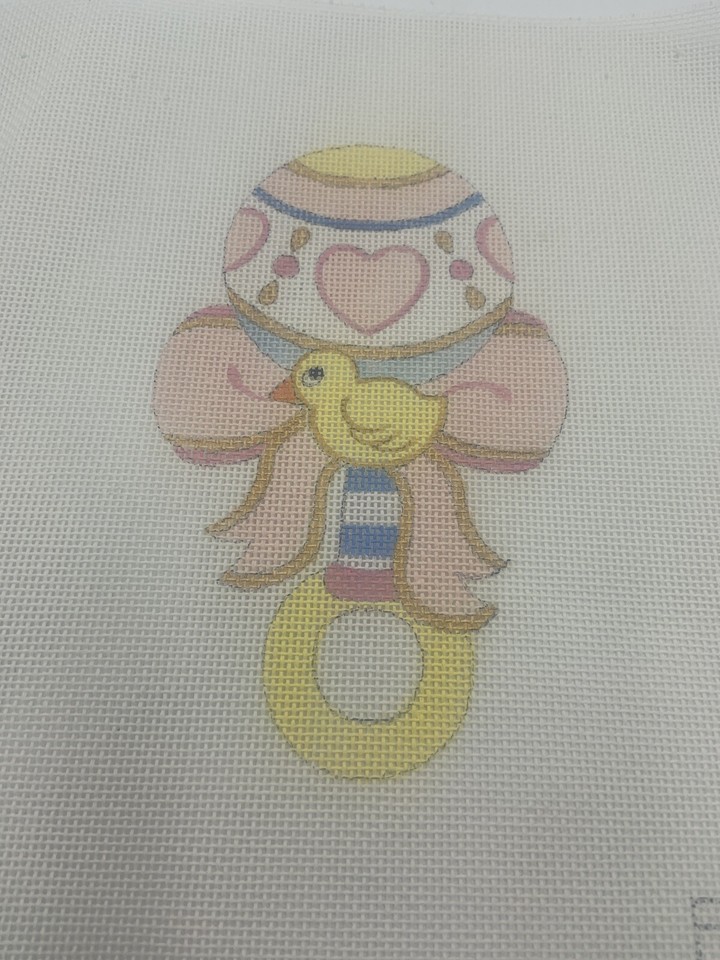 Hand Painted Needlepoint Canvas Pastel Blue Pink Yellow Baby Rattle ...