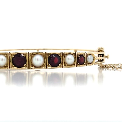 9ct Yellow Gold, Garnet & Pearl Bangle (with safety chain) | eBay UK