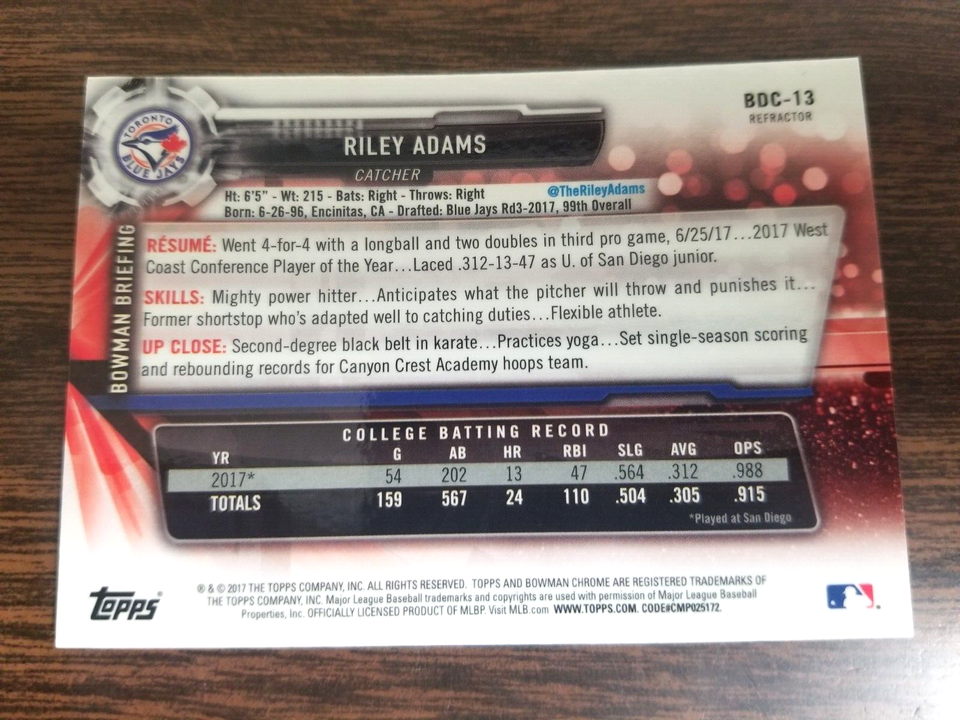 RILEY ADAMS 2017 BOWMAN DRAFT CARD BDC-13 NATIONALS (FIRST ROOKIE ...