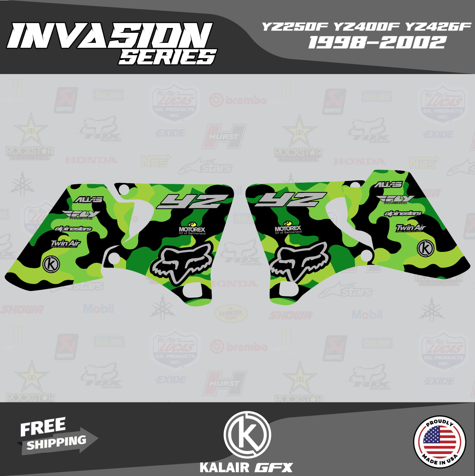 Graphics Kit for YAMAHA YZ250F YZ400F YZ426F 1998-2002 Invasion - Green ...