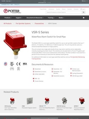 Vane Type Water Flow Switch, 1-2", Potter Model #VSR-S. Stock #1144440 ...