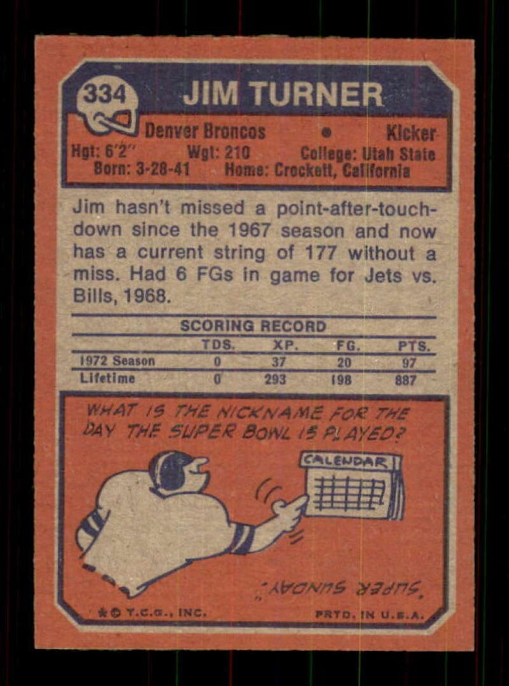 1973 Topps #334 Jim Turner EXMT/NM Broncos 239234 | eBay