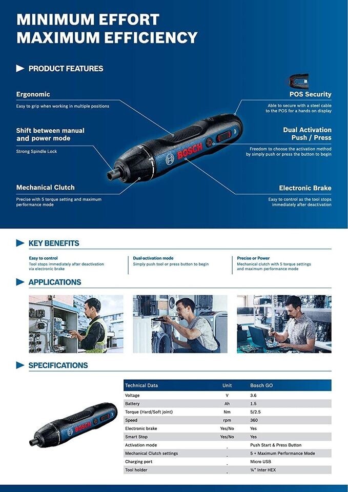 Bosch 3.6V GO 2.0 Solo Professional Cordless Screwdriver 360 RPM | eBay