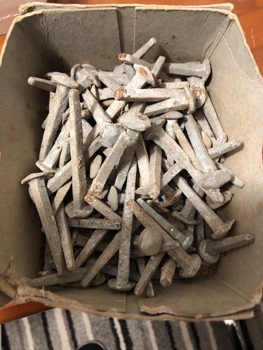 BOX OF ANTIQUE HAND MADE HAMMERED SQUARE METAL NAILS, VARIOUS LENGTHS ...
