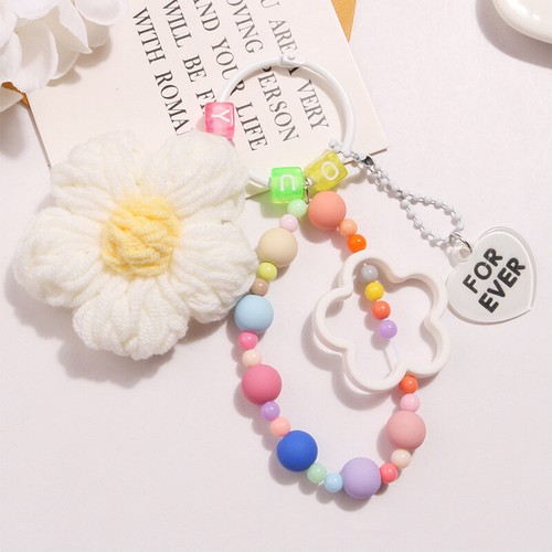 Cartoon Wool Knitted Flowers Key Chains Beaded Wristlet Lanyard ...