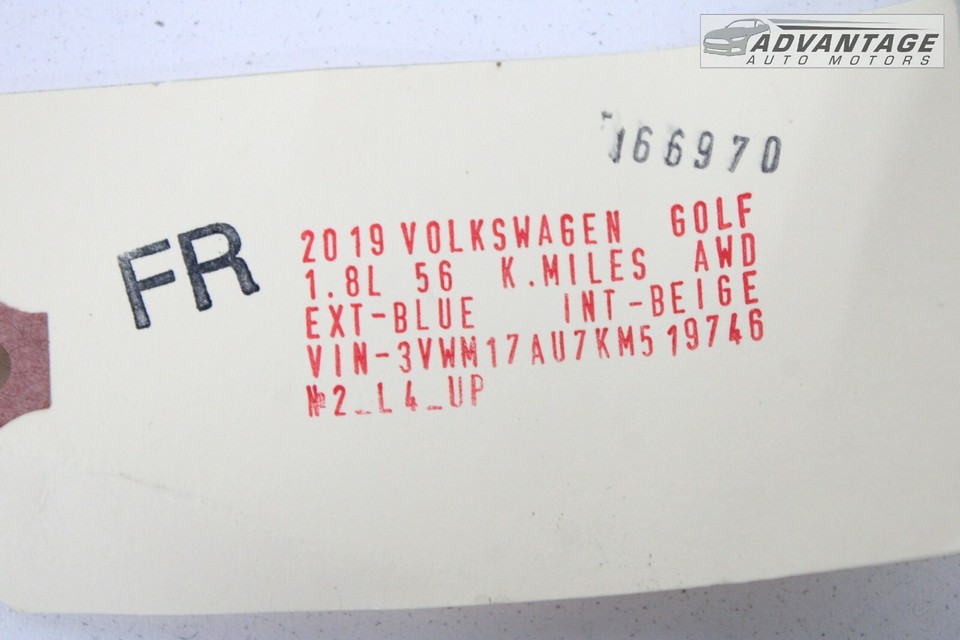 2017-2019 VOLKSWAGEN GOLF ALLTRACK FRONT RIGHT WINDSHIELD WIPER WASHER ...