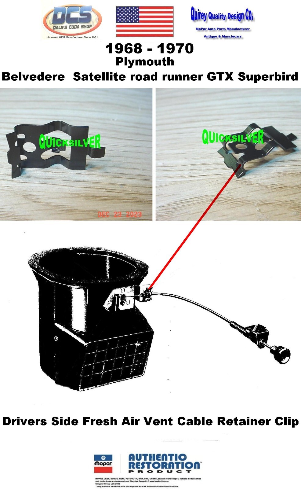 1968 69 70 road runner GTX Drivers Fresh Air Vent Cable Retainer ...