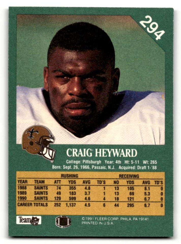 1991 Fleer #294 Craig Heyward New Orleans Saints Football Cards NM N ID ...