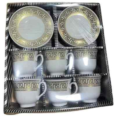 12 Piece Porcelain Greek Design Tea Set Cup and Saucers Gold White ...