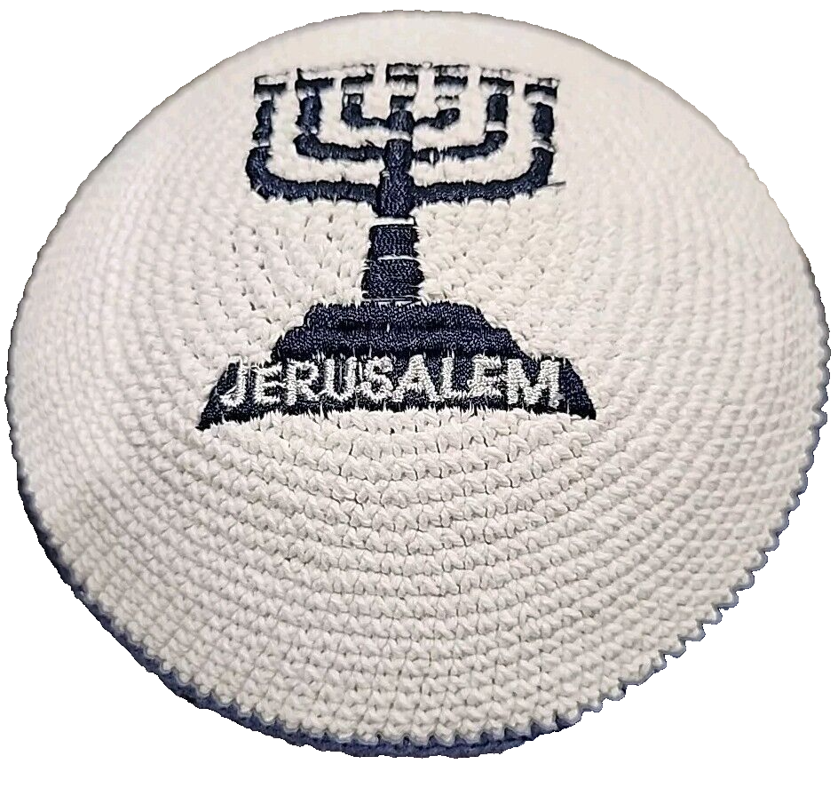 Kippah White/Blue Hand Knitted Yarmulke Yamaka Kipot kipa hat 6.5 inch ...