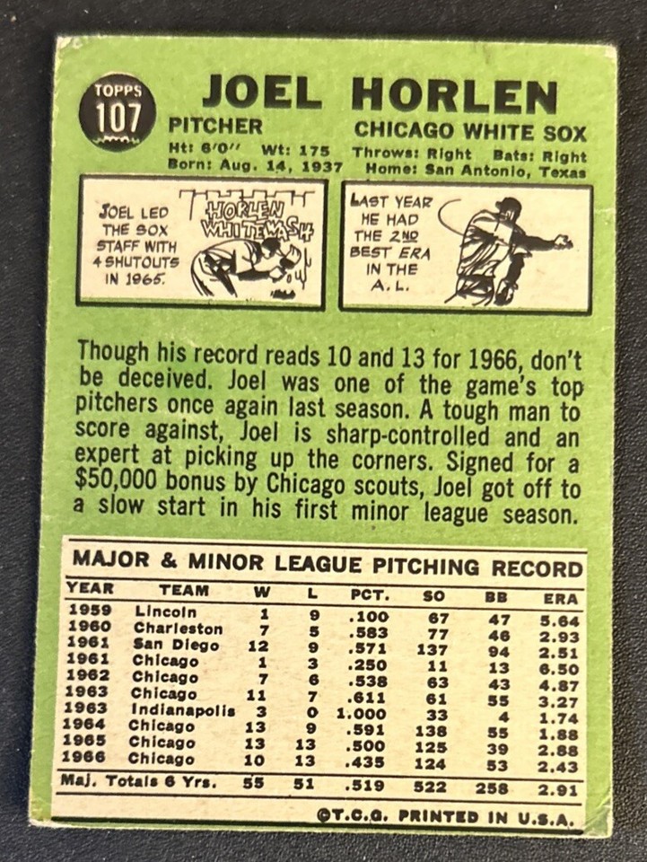 1967 Topps Joel Horlen Baseball Card #107 White Sox Pitcher Poor O/C | eBay