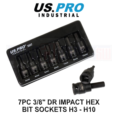 US PRO INDUSTRIAL 7PC 3/8" DR Impact Hex Bit Socket Set H3 - H10 3957 ...
