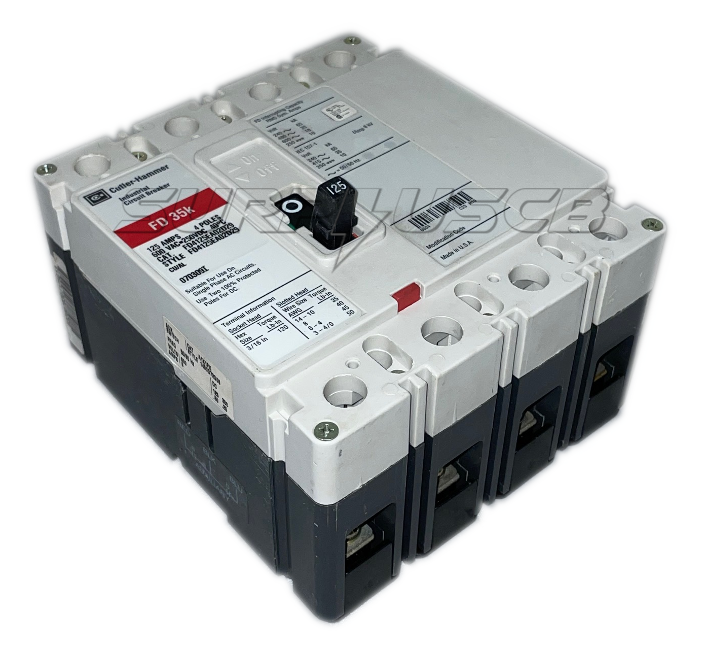 Eaton FD4125EA02D29 Circuit Breaker, 4-Pole, 125 Amp, 600Vac / 250Vdc ...