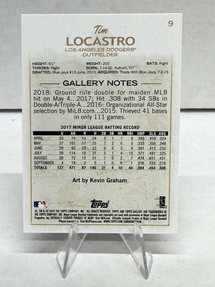 2018 Topps Gallery Baseball Card #9 Tim Locastro RC Los Angeles Dodgers ...