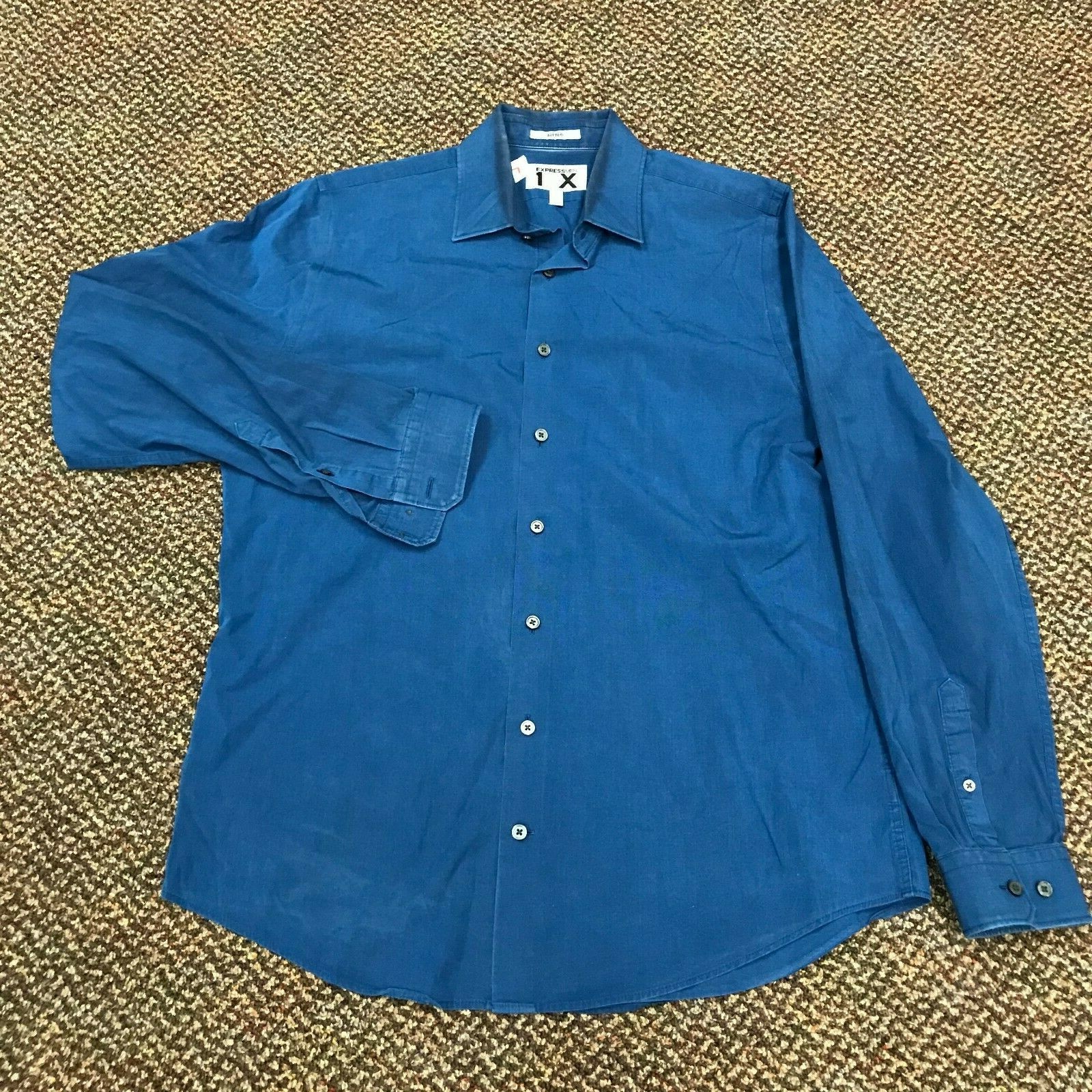 Express Shirt Mens Medium 15-15.5 1MX Blue Button Up Long Sleeve Solid ...