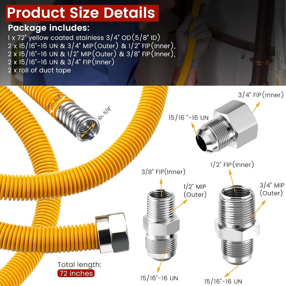 72" Flexible Stainless Steel Gas Connector Line Kit for Propane Fire ...