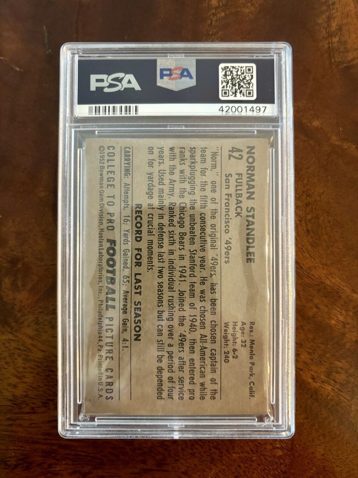 1952 Bowman Large Football #42 Norm Standlee San Francisco 49ers PSA 6 ...