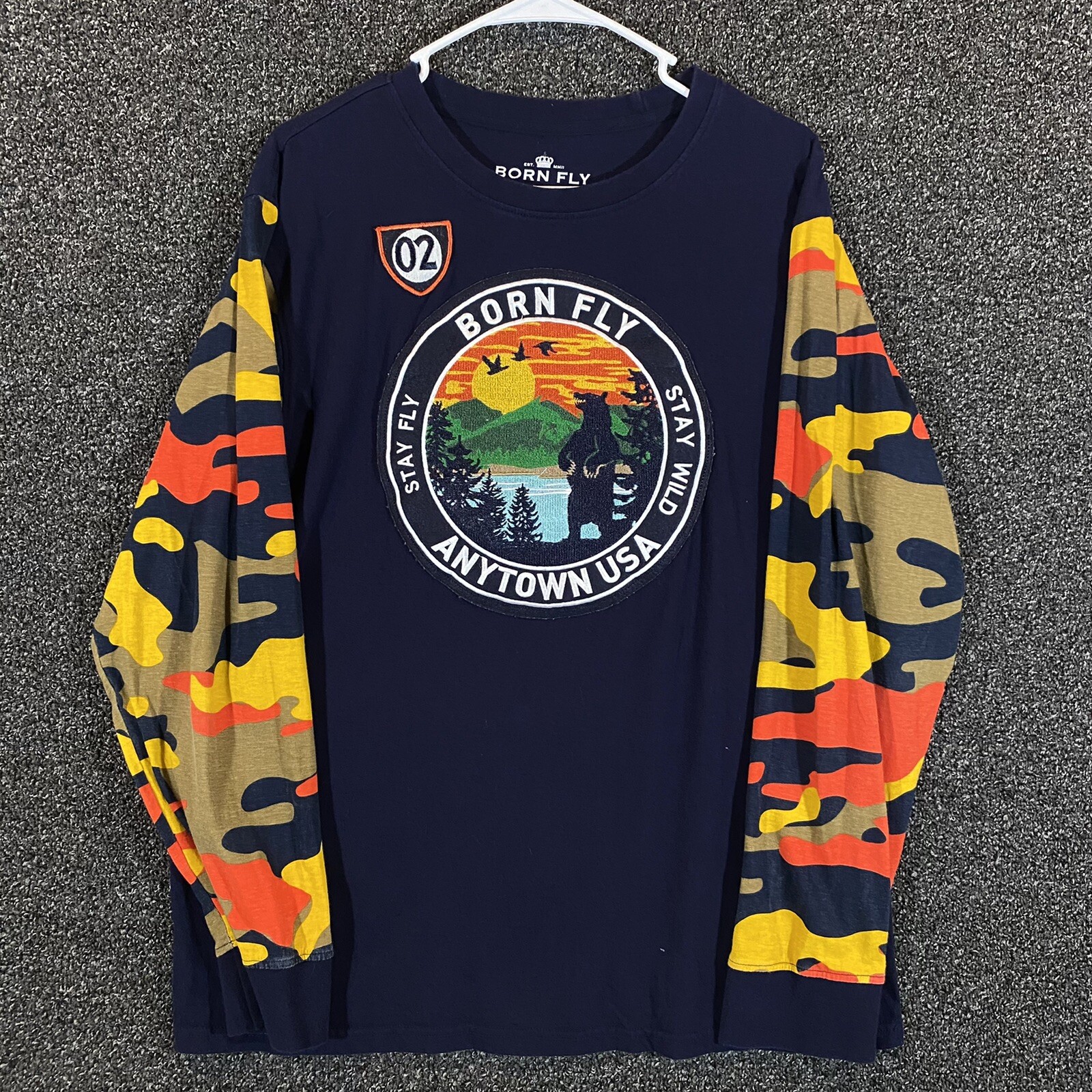 Born Fly Anytown Shirt Mens Large Blue Camo Long Sleeve Patch Anytown ...