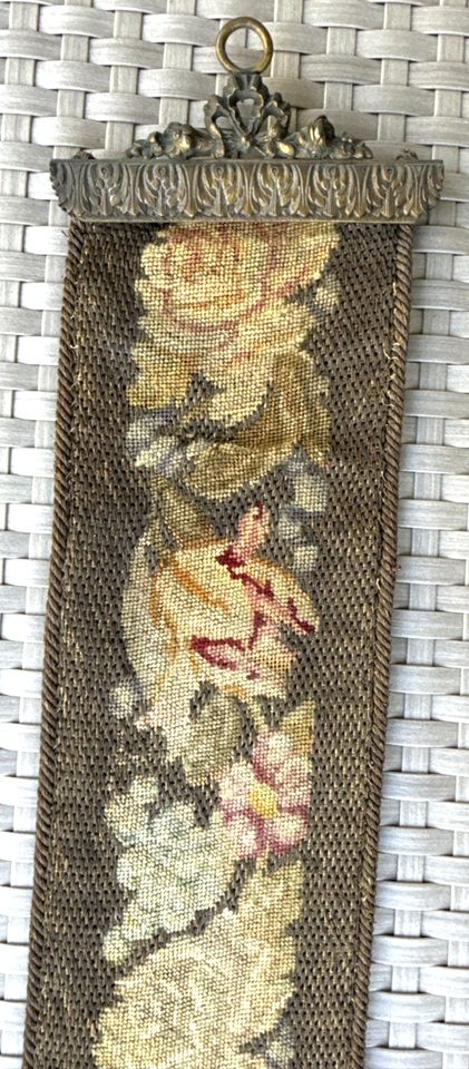 Vintage Needlepoint Floral Bell Pull Embroidered with Brass Hangers- 58 ...