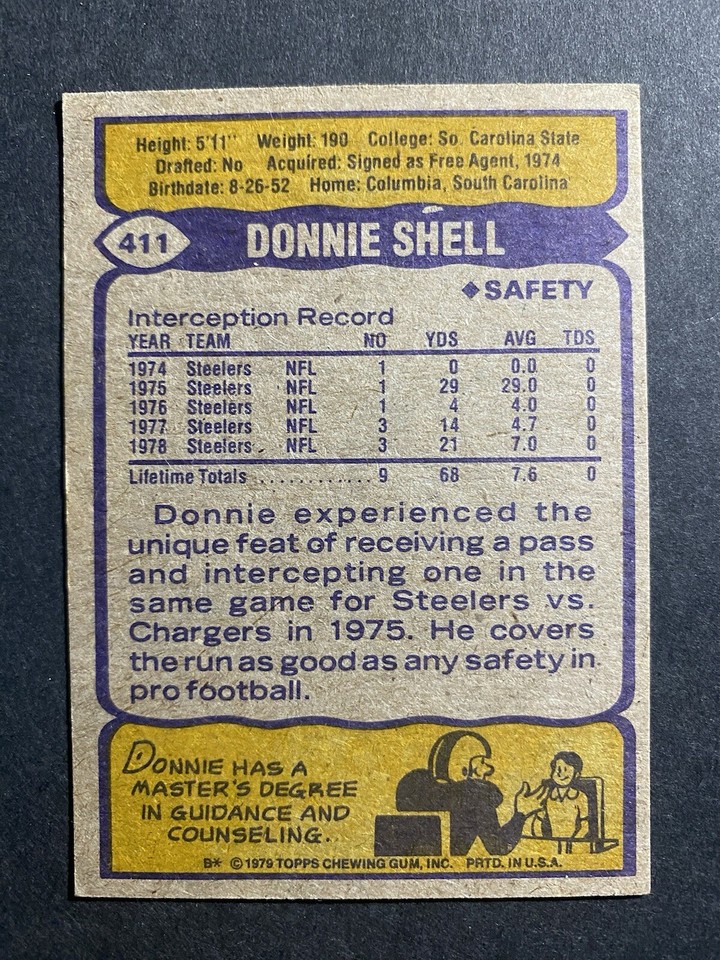1979 Topps Football Donnie Shell Pittsburgh Steelers Rookie Card #411 ...