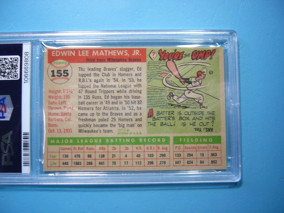 1955 TOPPS BASEBALL CARD #155 ED MATHEWS PSA A TR SHARP & NICE!! '55 ...