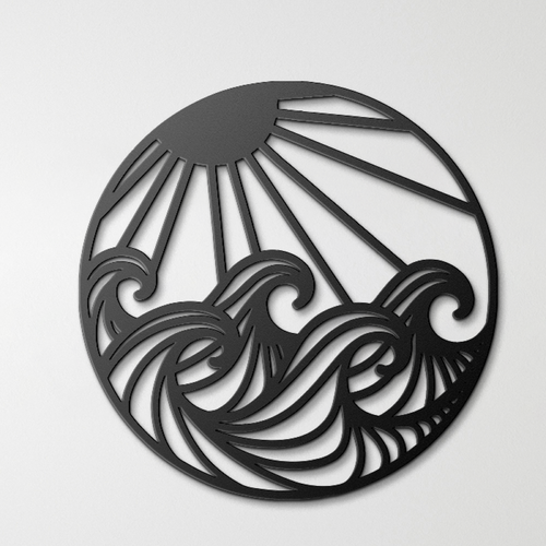 Modern Metal Wall Art - Round Ocean Waves and Sunburst Design | eBay