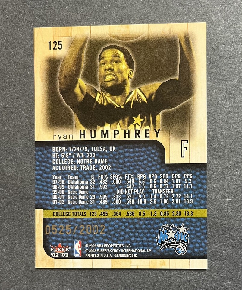 2002-03 Fleer Genuine /2002 Ryan Humphrey #125 Rookie RC | eBay