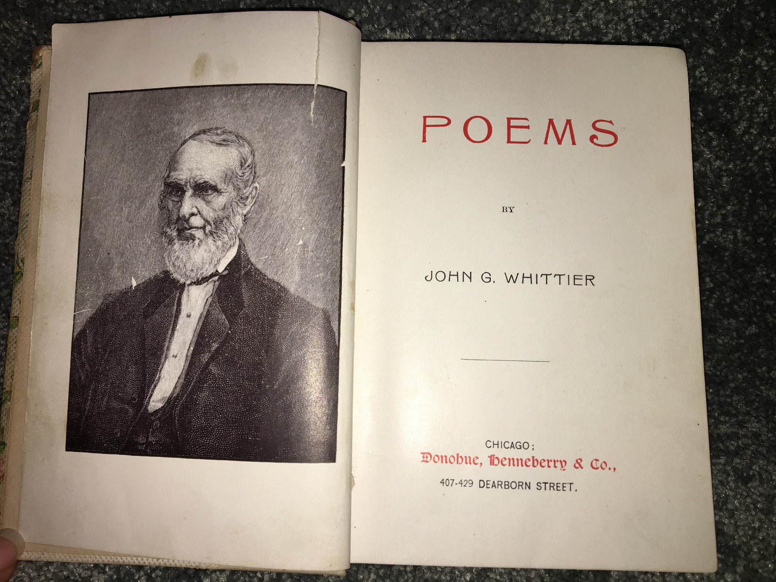 POEMS By JOHN G. WHITTIER Antique HARDCOVER BOOK Vintage 1800's ...