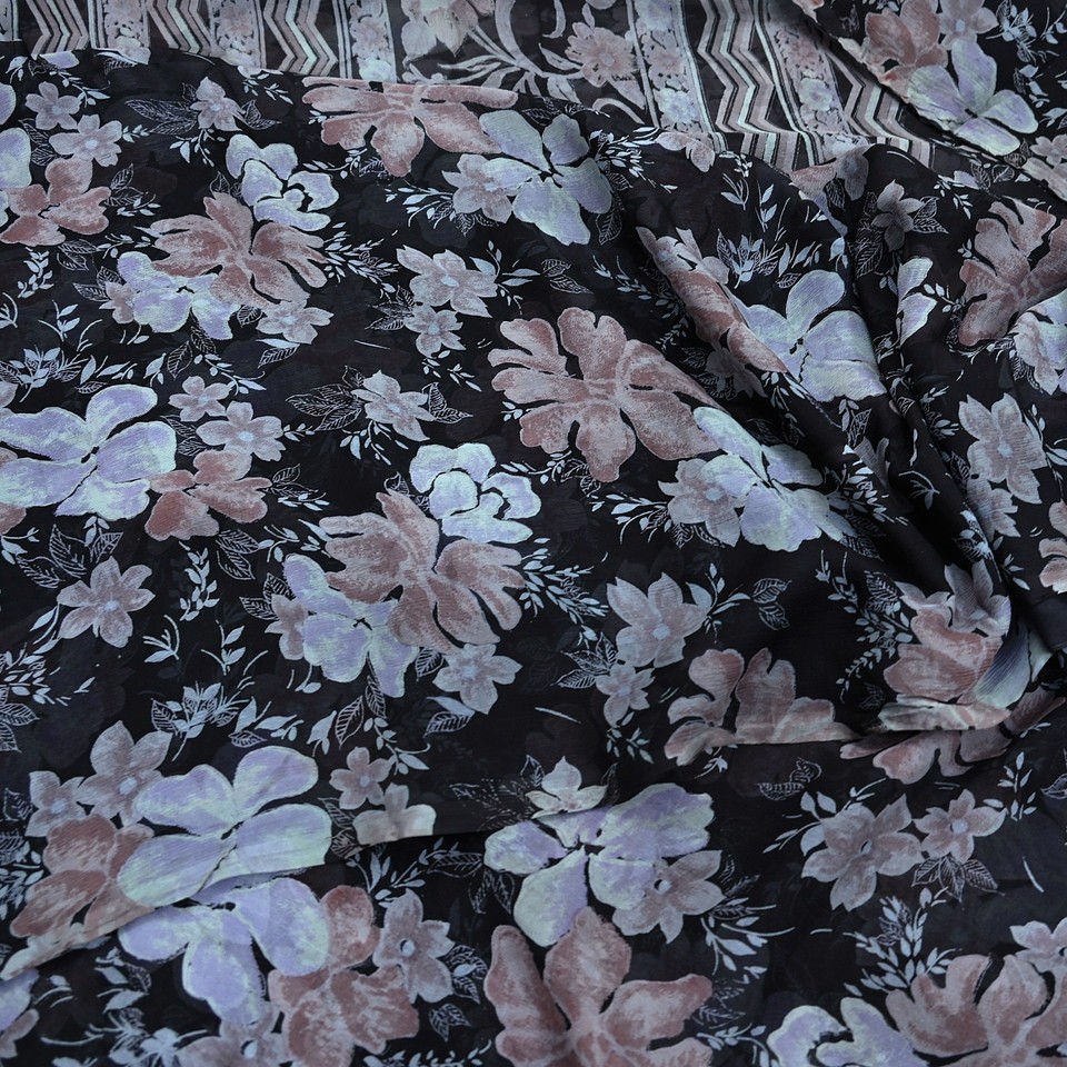 Vintage Saree Black Pure Chiffon Silk Printed Sari Craft Fabric Sewing ...