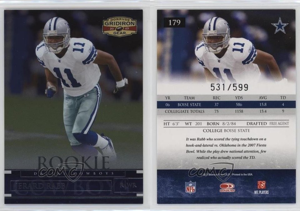 2007 Donruss Gridiron Gear Rookie 531/599 Jerard Rabb #179 Rookie RC ...