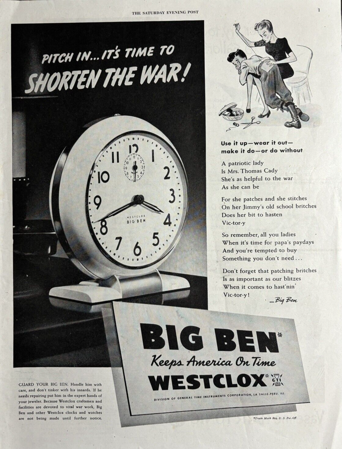 1944 Westclox Big Ben Shorten The War Clock Time Guard Lasalle Peru VTG ...