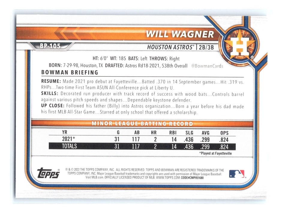 2022 Bowman Baseball #BP-105 Will Wagner Prospects 1st Bowman Houston ...