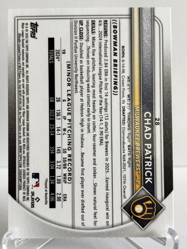 2025 Bowman Chrome Chad Patrick Purple Geometric /250 Brewers RC | eBay