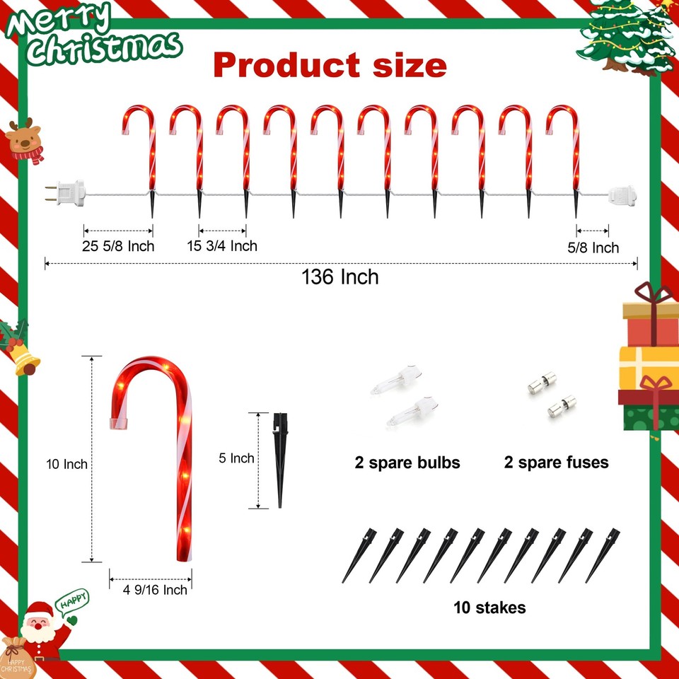 10'' Christmas Candy Cane Pathway Markers Lights - Set of 10 Christmas ...