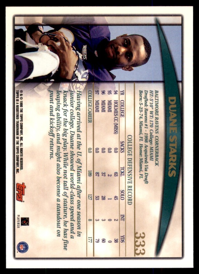 1999 Topps Draft Picks Duane Starks Baltimore Ravens #333 | eBay