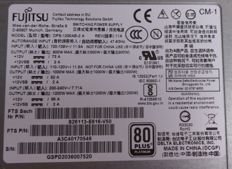 Fujitsu 1200W Hot-Plug Platinum Power Supply PSU S26113-F616-L10 | eBay UK