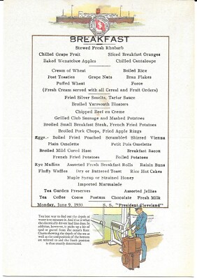 Breakfast Postcard Menu from the SS President Cleveland June 1930 | eBay