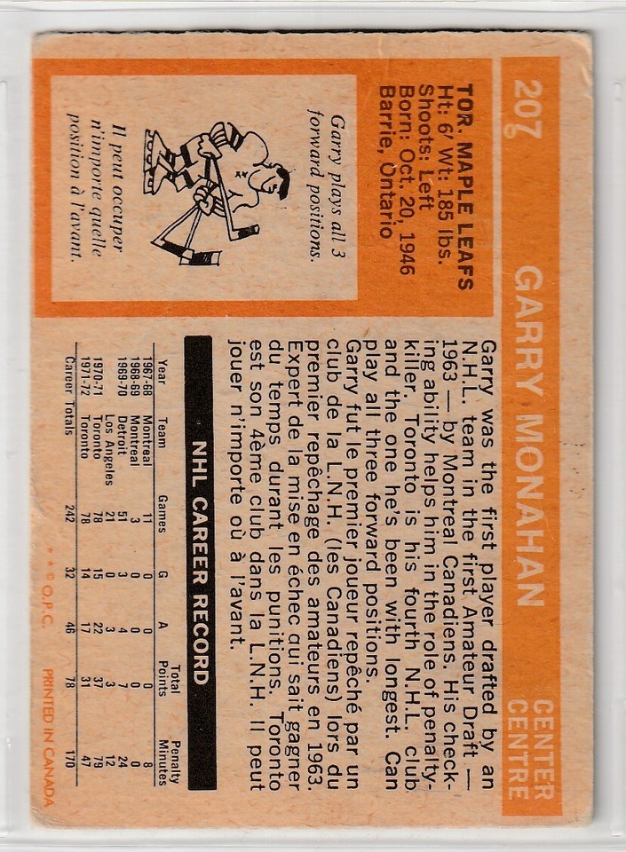 1972-73 O Pee Chee Hockey #207 Garry Monahan Toronto Maple Leafs | eBay