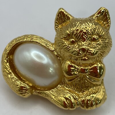 Gold Toned Avon Cat Shaped Lapel Hat Tack Pin Faux Pearl Accent | eBay