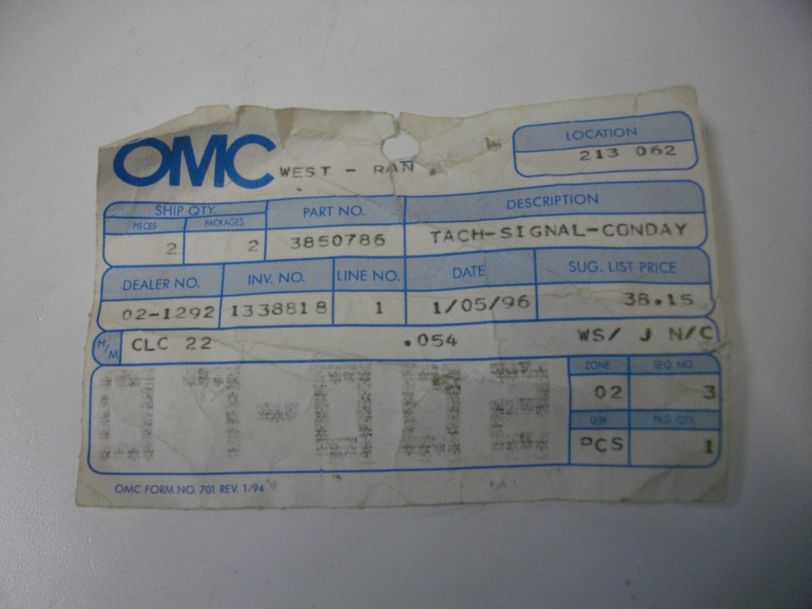 M17A OMC Evinrude Johnson 3850786 Tachometer Signal OEM Factory Boat ...