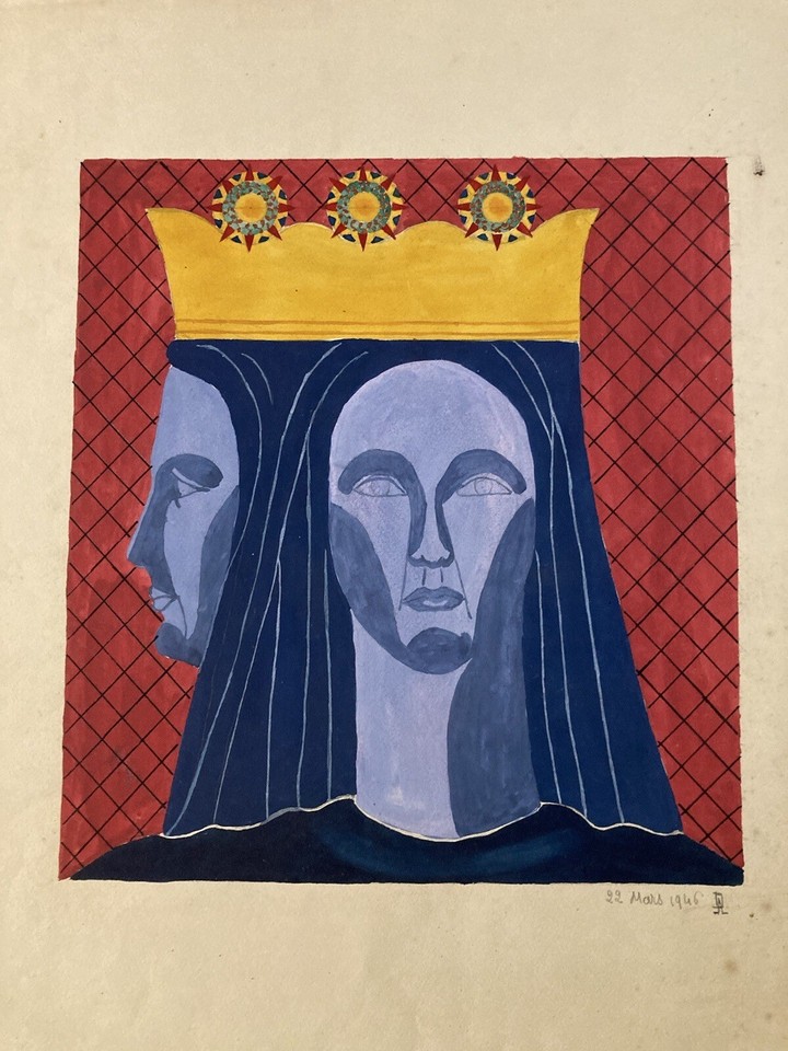 Large Gouache Drawing On Paper Woman 1946 Greek Portrait Democritus ...