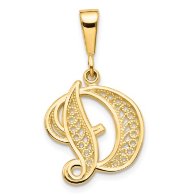 Real 14kt Yellow Gold Polished Script Filigree Letter D Initial Pendant ...