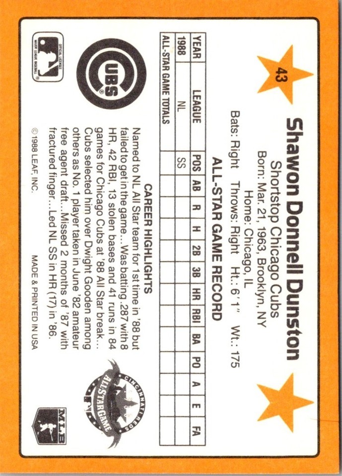 1989 Donruss All-Stars Shawon Dunston #43 Chicago Cubs Baseball Card | eBay