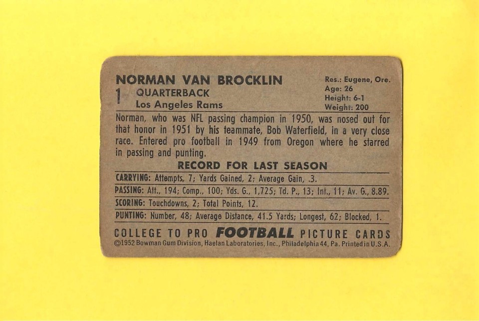 1952 Bowman Large #1 Norman Norm Van Brocklin SP Lower Grade | eBay