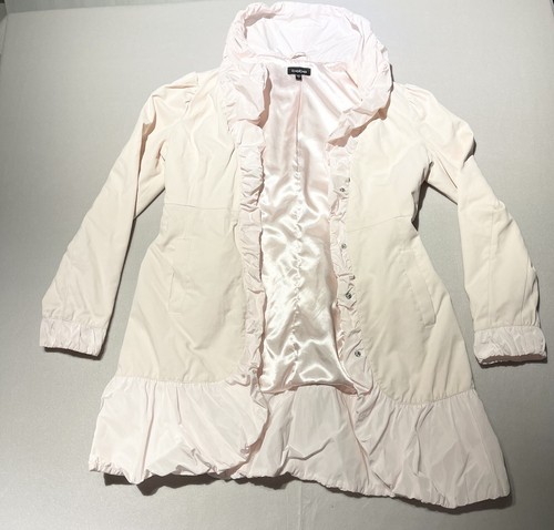 Bebe Light Pink Long Line Snap Button Puffy Trim Coat Sz Large Feminine ...